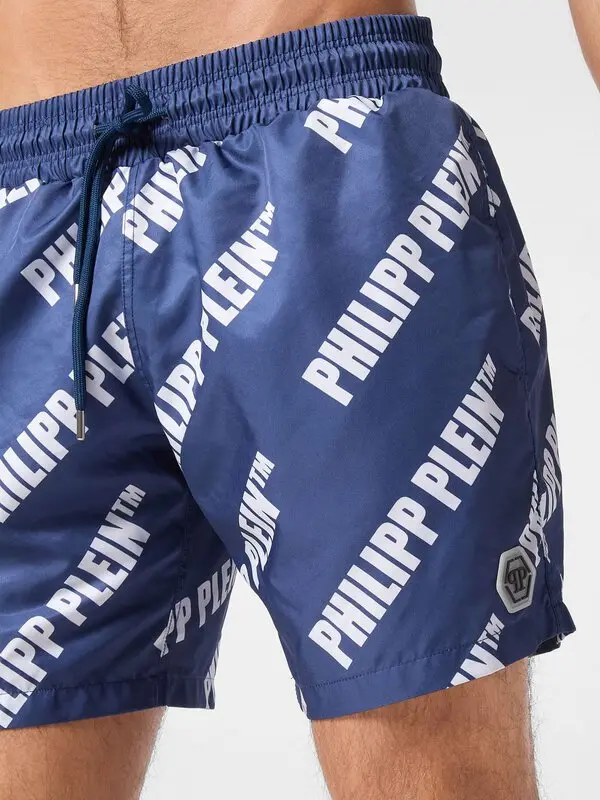 Philipp Plein Nylon Swim Trunks With Contrasting Logo And Drawstring - Blue