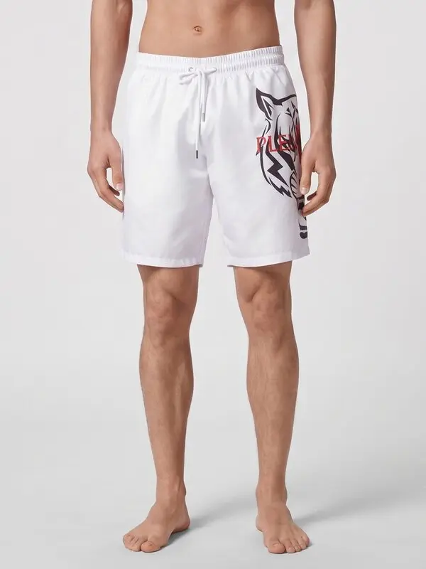 PLEIN SPORT Nylon Swim Trunks With Contrasting Printed Logo - White