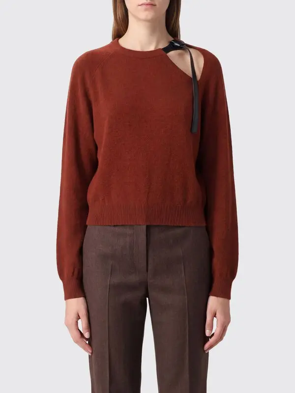 FERRAGAMO Virgin Wool And Cashmere Jumper With Cut-out Shoulders And Bow Detail - Brick Red