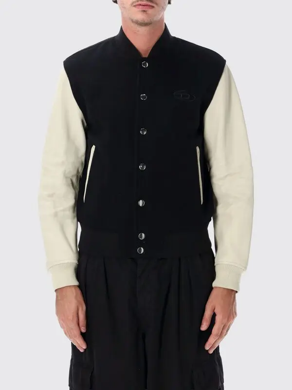DIESEL® Wool-blend Bomber Jacket With Contrast Logo And Abstract Pattern - Black