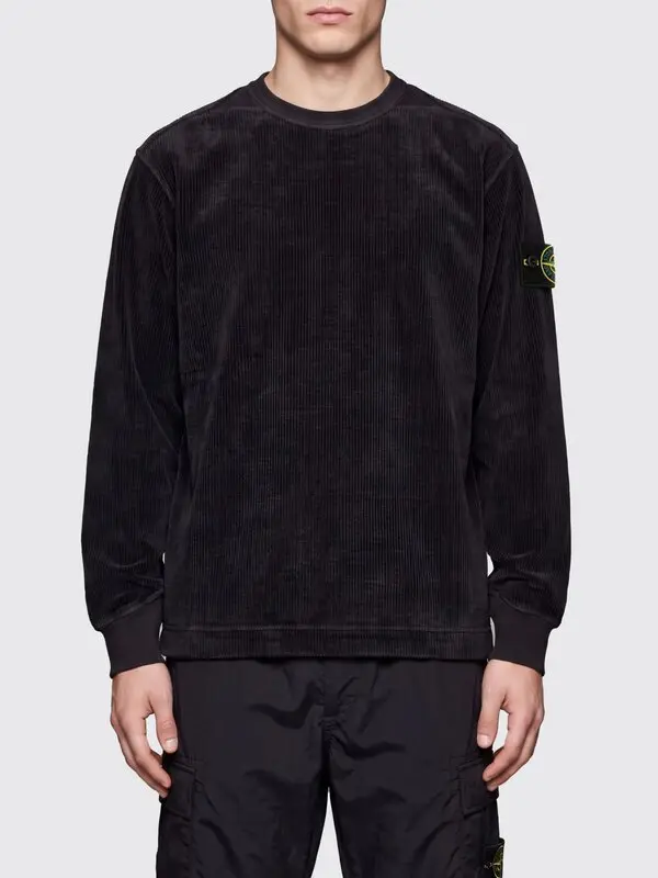 Stone Island Velvet Crewneck Jumper With Ribbed Hems And Compass Logo - Grey