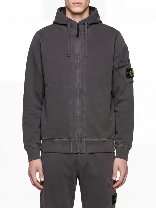 Stone Island Cotton Zip-up Hooded Jumper With Drawstring And Compass Logo - Grey