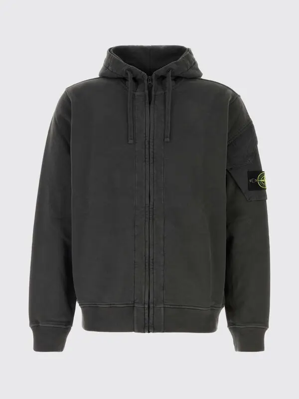 Stone Island Cotton Zip-up Hooded Jumper With Drawstring And Compass Logo - Grey