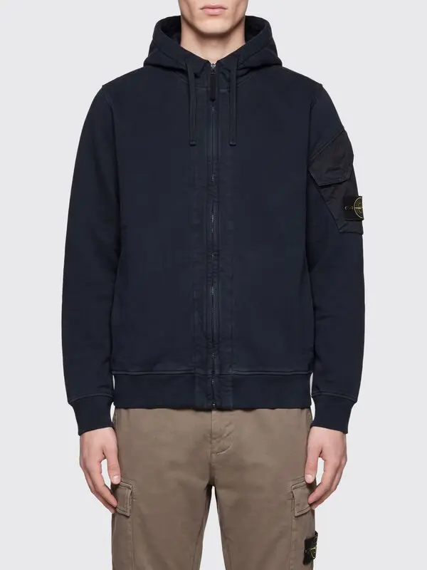 Stone Island Cotton Zip-up Hooded Jumper With Drawstring And Compass Logo - Navy
