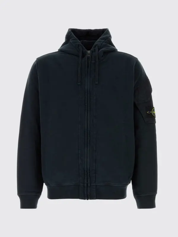 Stone Island Cotton Zip-up Hooded Jumper With Drawstring And Compass Logo - Navy