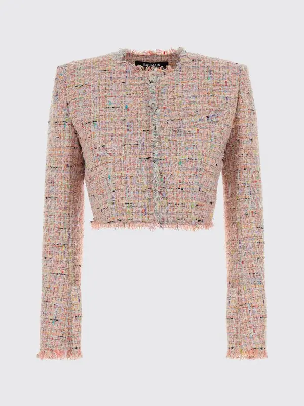 Balmain Cropped Bi Cotton Tweed Blazer With Fringed Trim