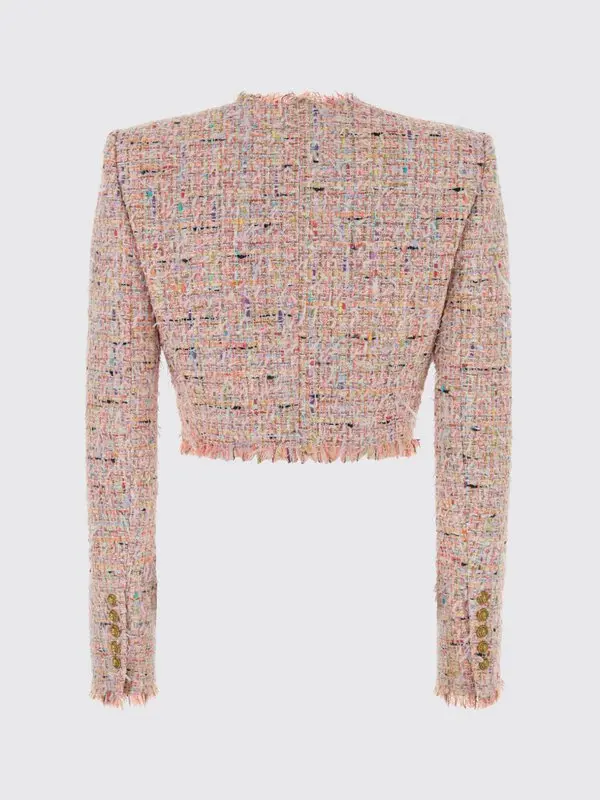 Balmain Cropped Bi Cotton Tweed Blazer With Fringed Trim