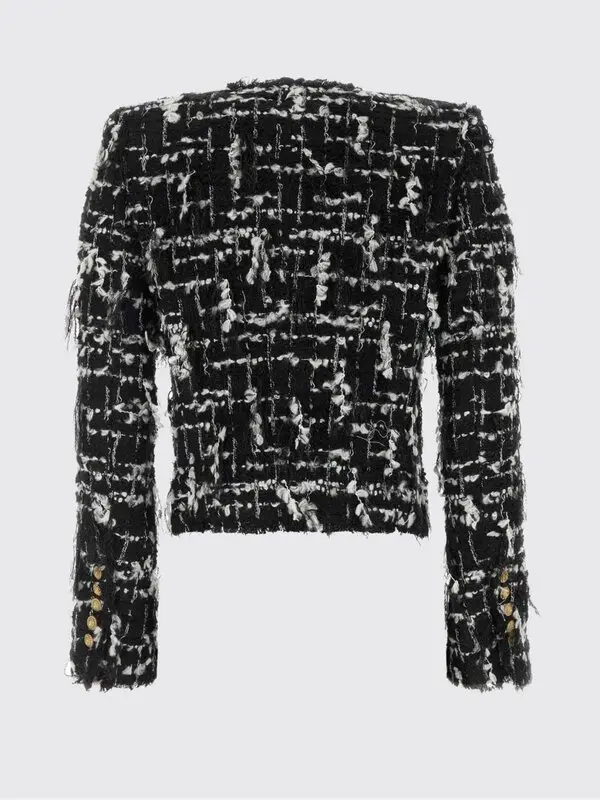 Balmain Cropped Spencer Wool Tweed Blazer With Fringes And Embroidery