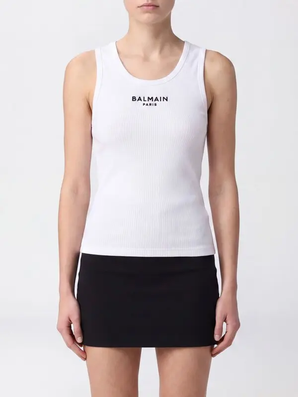 Balmain Sleeveless Cotton Top With Contrasting Logo And Slim Fit