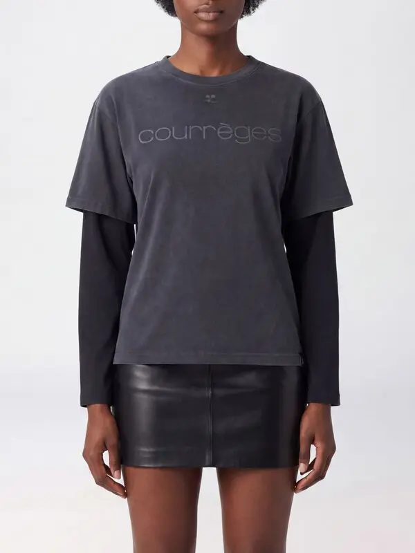 COURREGES Long-sleeved Cotton T-shirt With Tone-on-tone Logo - Grey