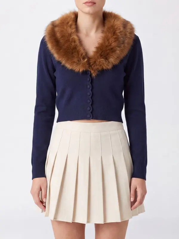 SELF-PORTRAIT Cropped Cardigan In A Wool Blend With Faux-fur Collar - Blue