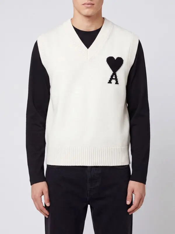 AMI Paris V-neck Wool Knit Jumper Vest With Contrast Logo - Beige