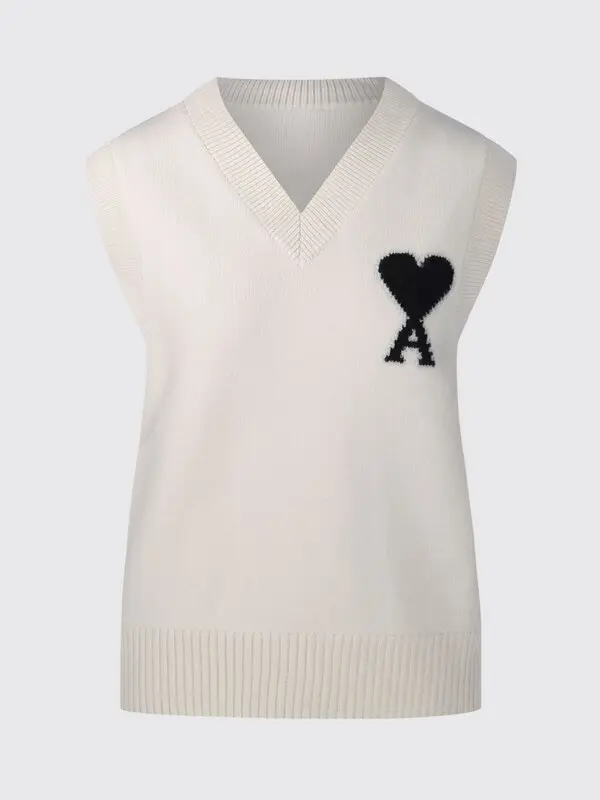 AMI Paris V-neck Wool Knit Jumper Vest With Contrast Logo
