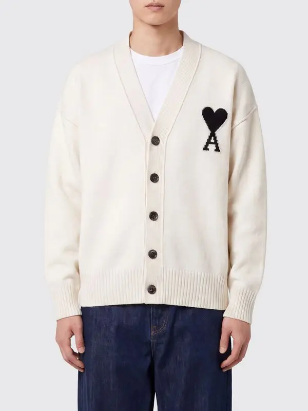 AMI Paris V-neck Wool Cardigan With Contrast Logo - Ecru