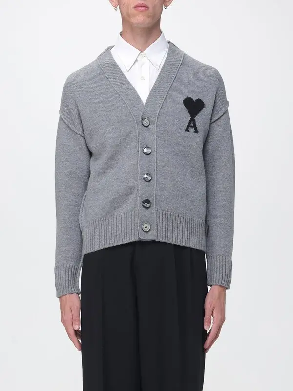 AMI Paris V-neck Wool Cardigan - Grey