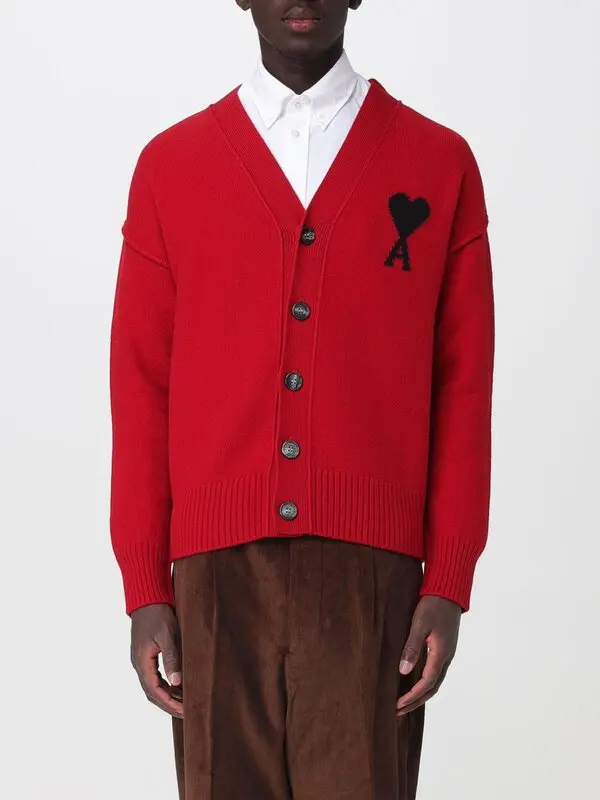 AMI Paris V-neck Wool Cardigan With Contrast Logo - Ruby