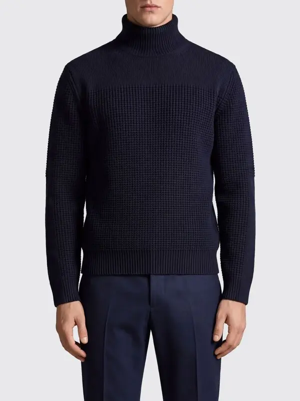 FERRAGAMO Roll Neck Jumper In Blue Virgin Wool With Ribbed Edges