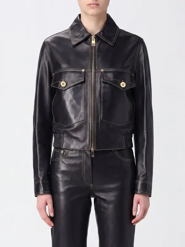 Versace Cropped Lambskin Leather Shirt Jacket With Patch Pockets
