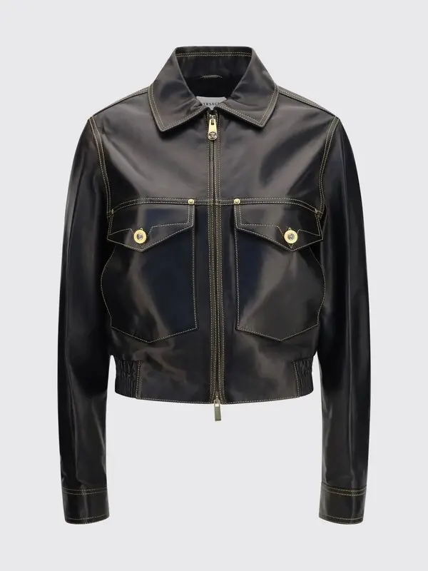 Versace Cropped Lambskin Leather Shirt Jacket With Patch Pockets