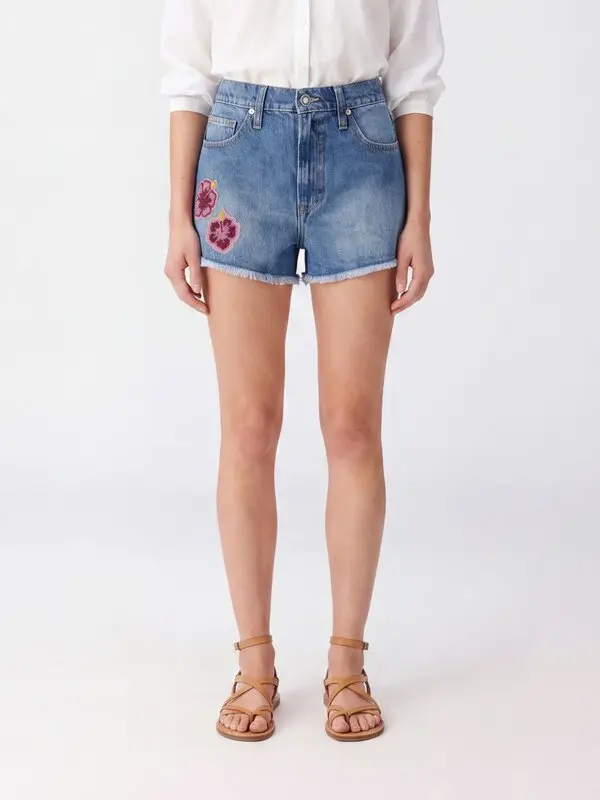 MC2 SAINT BARTH Shorts With Floral Embroidery - Denim