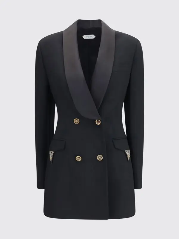 Versace Slim Fit Double-breasted Virgin Wool Blazer With Satin Shawl Collar