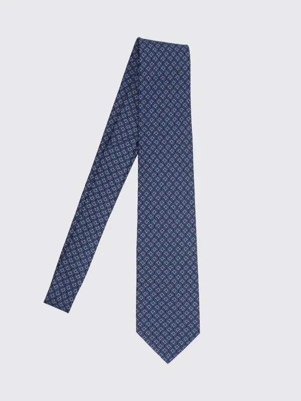 FERRAGAMO Pure Silk Tie With Gancini Monogram Pattern - Blue