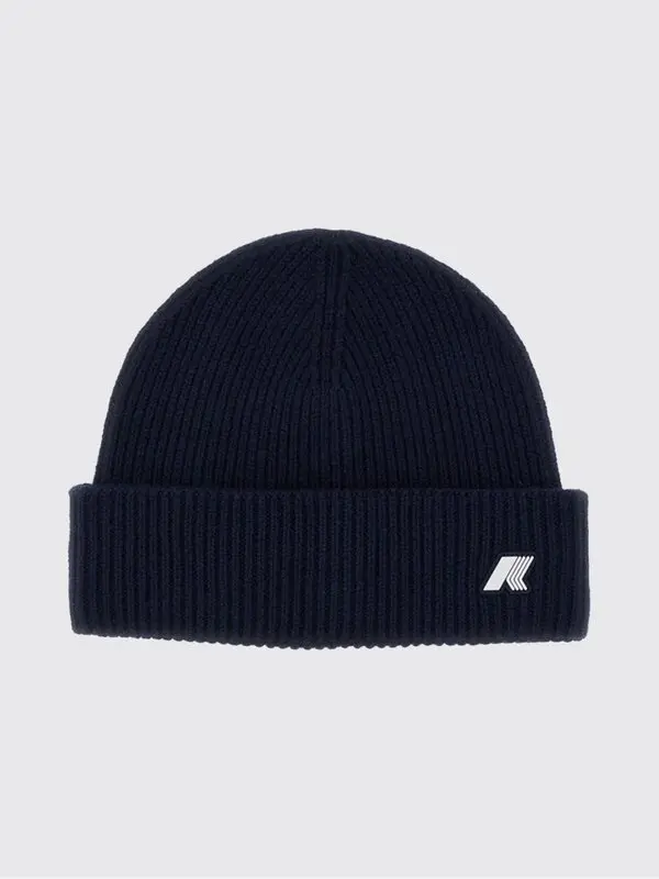 K-WAY Brice Ribbed Wool Beanie Hat With Turn-up Cuff And Rubber Logo - Blue
