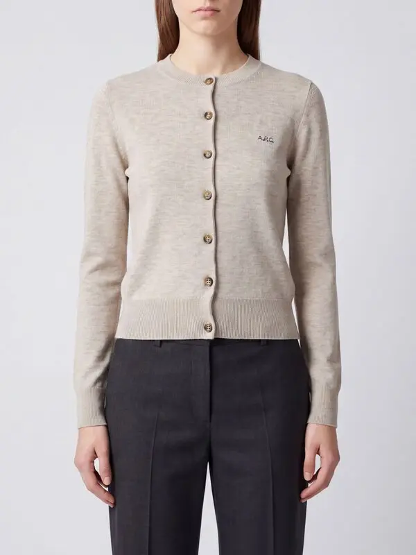 A.p.c. Crewneck Cardigan In Virgin Wool And Cotton Blend With Contrast Logo - Grey