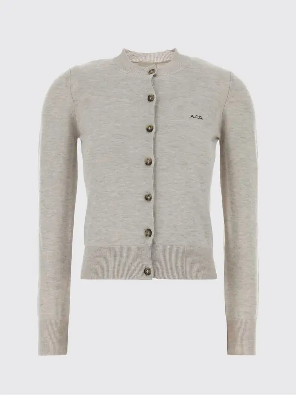A.p.c. Crewneck Cardigan In Virgin Wool And Cotton Blend With Contrast Logo - Grey