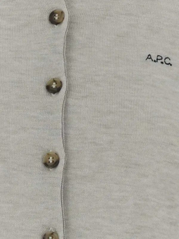 A.p.c. Crewneck Cardigan In Virgin Wool And Cotton Blend With Contrast Logo - Grey