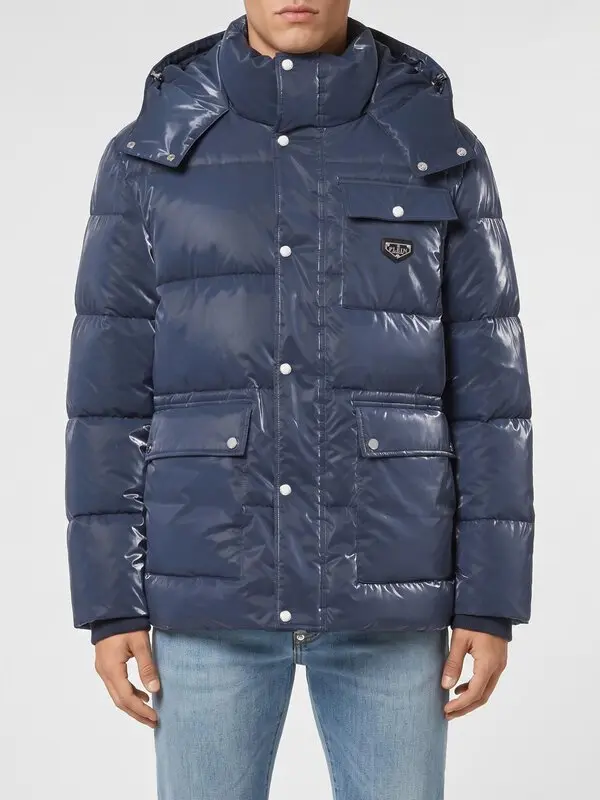Philipp Plein Hooded Quilted Nylon Down Jacket With Patch Pockets And Logo - Blue