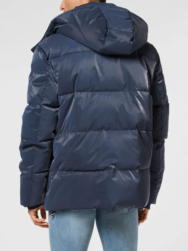 Philipp Plein Hooded Quilted Nylon Down Jacket With Patch Pockets And Logo - Blue