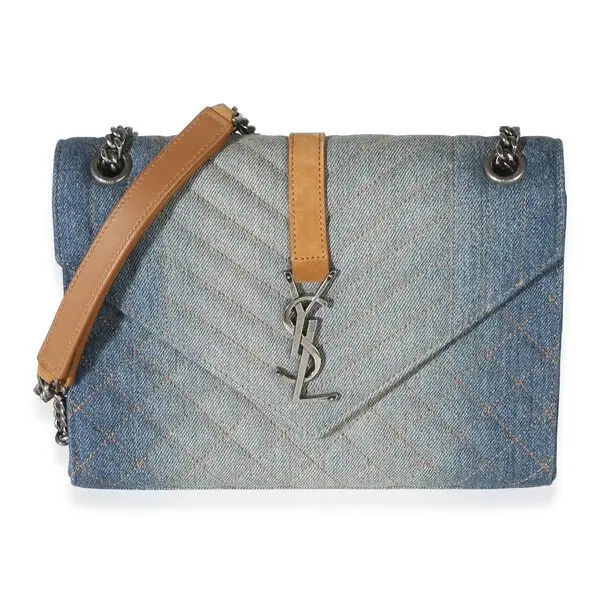 Saint Laurent Denim Mixed Matelasse Triquilt Envelope Satchel