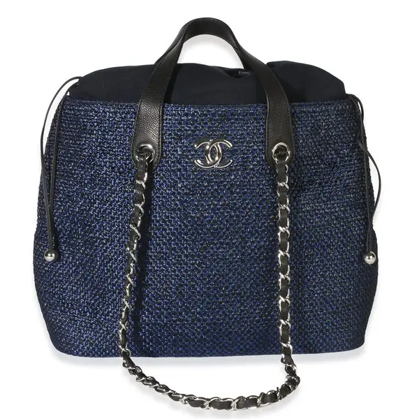Chanel Navy Raffia Cc Expandable Shopping Tote