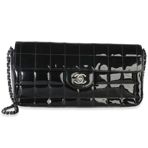 Chanel Quilted Patent Chocolate Bar East West Flap Bag - Black