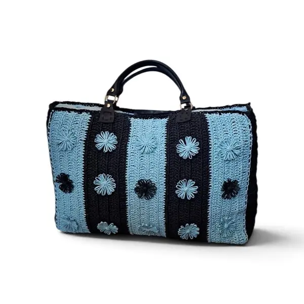 SPRINGMOONATELIER Black / Blue Handcrafted Blue & Black Raffia Bloom Tote