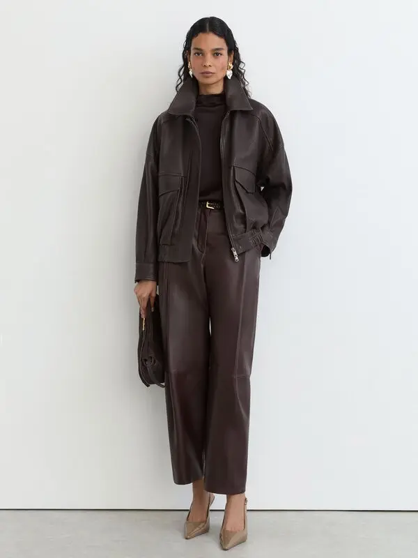 REISS Maeve Leather Twin-pocket Relaxed Jacket - Ebony Brown