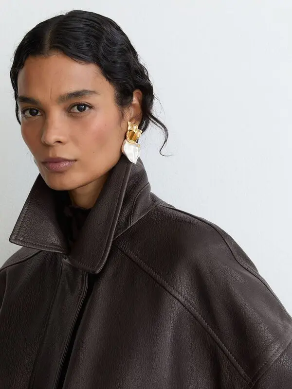 REISS Maeve Leather Twin-pocket Relaxed Jacket - Ebony Brown
