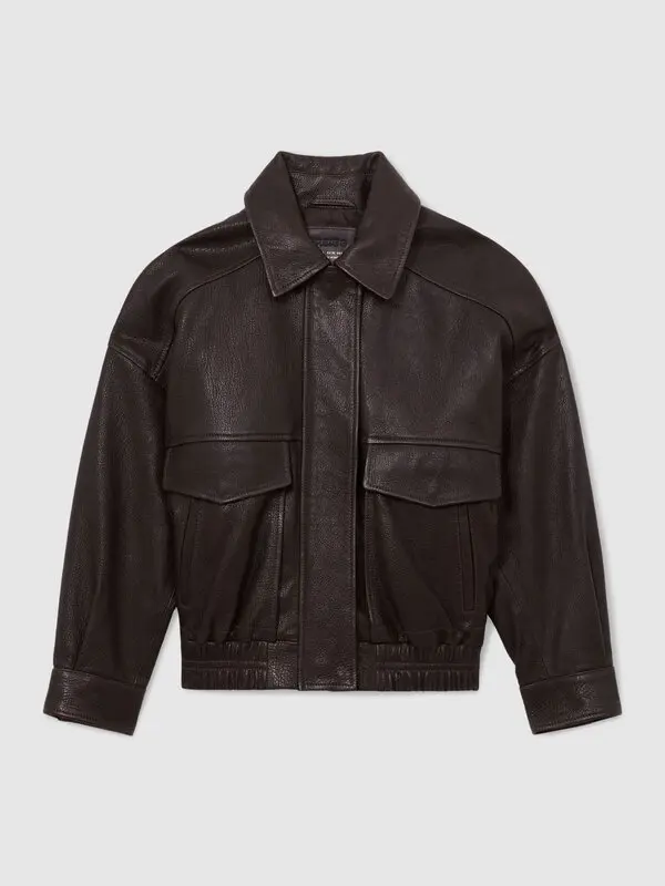 REISS Maeve Grained-leather Twin-pocket Relaxed Jacket - Ebony Brown