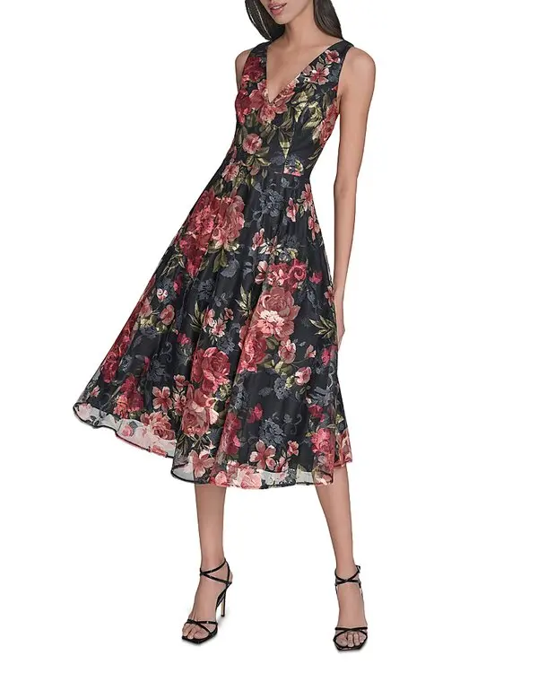 Eliza J Floral Print V Neck Dress - Black Multi
