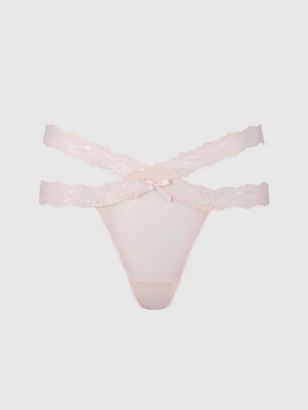 Frederick's Of Hollywood Stella Mesh & Lace Double Band Thong - Light Pink
