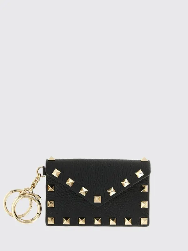 Valentino Garavani Rockstud Grained Calfskin Leather Key Holder With Flap - Black