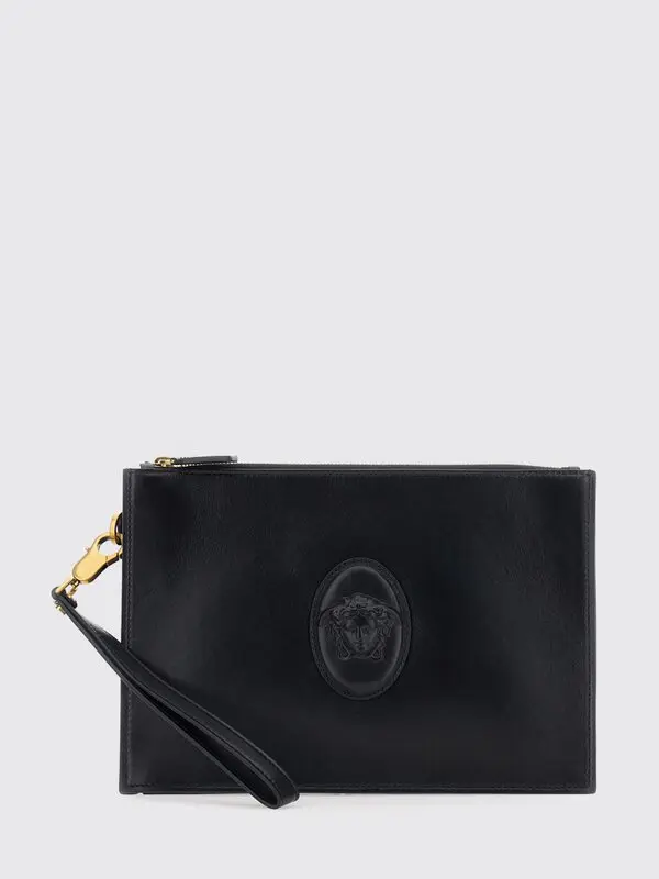 Versace Lambskin Pouch With Medusa Logo And Removable Wrist Strap - Black