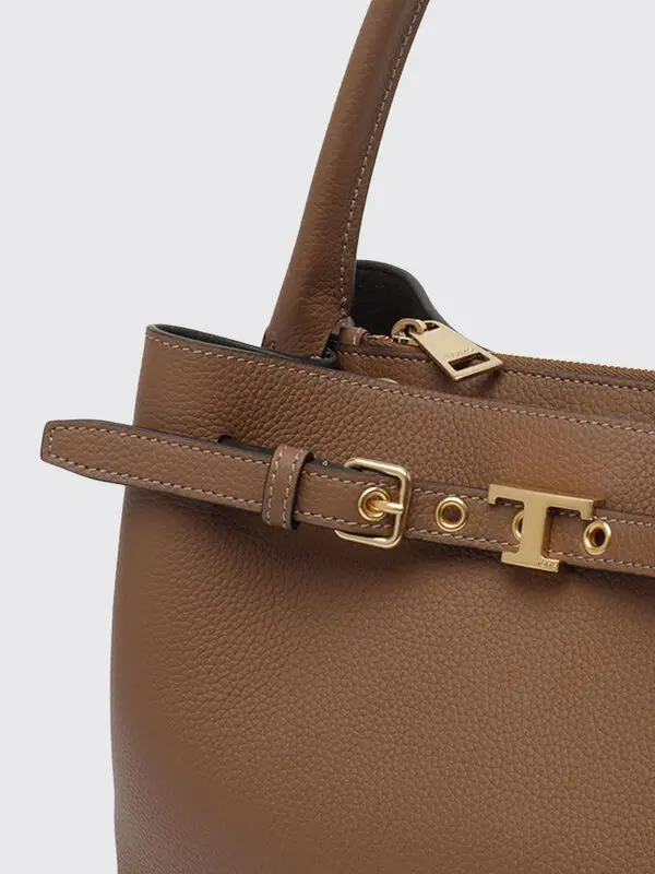 TOD'S Small Grained Leather Shoulder Bag With T Timeless Logo - Brown