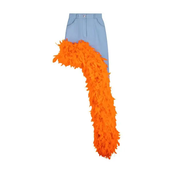 ÚCHÈ Denim Asymmetrical Orange Feather Trim Skirt
