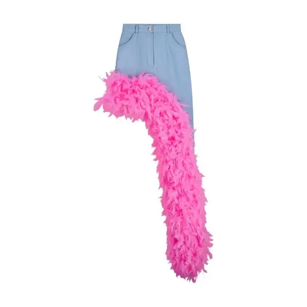 ÚCHÈ Denim Asymmetrical Pink Feather Trim Skirt