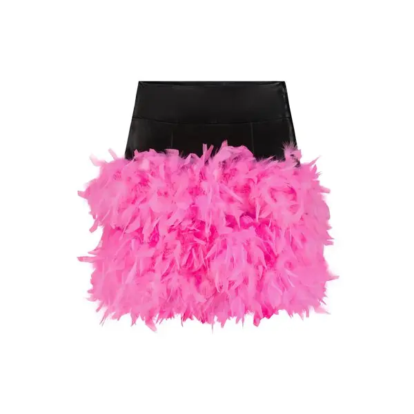 ÚCHÈ Mini Leather Pink Feather Trim Skirt