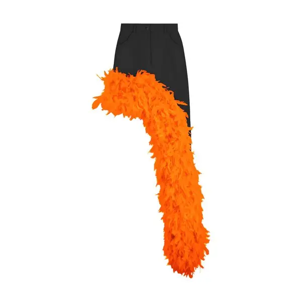 ÚCHÈ Denim Asymmetrical Orange Feather Trim Skirt