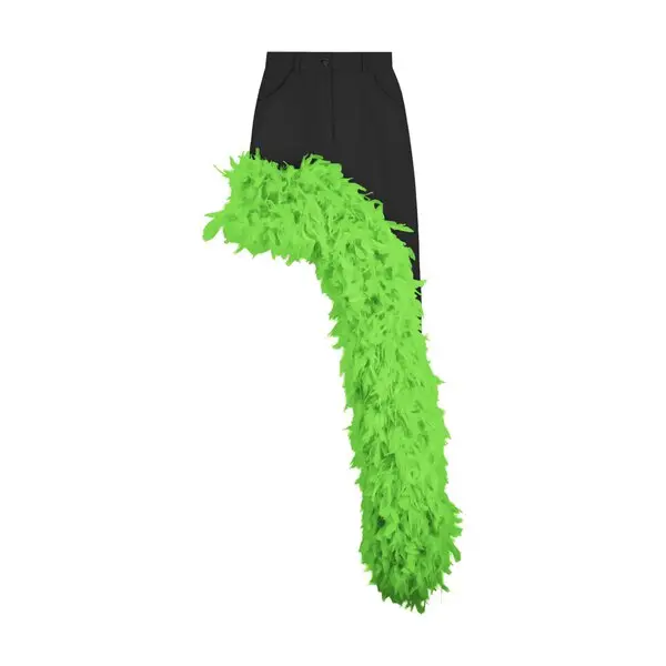 ÚCHÈ Black / Green Black Denim Asymmetrical Green Feather Trim Skirt
