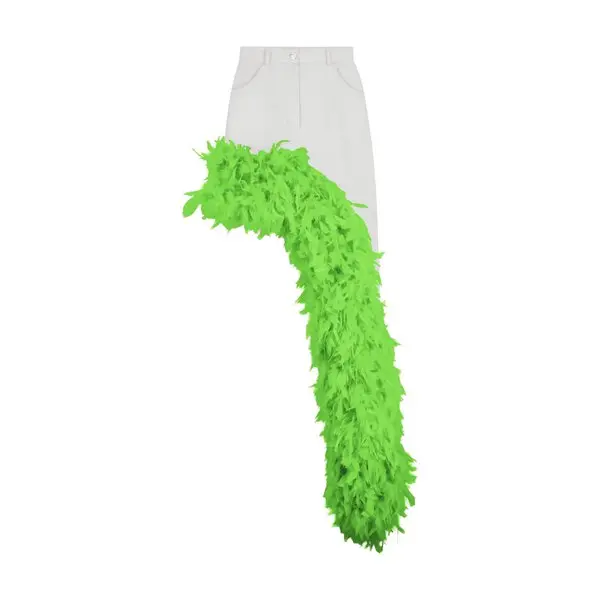 ÚCHÈ White / Green White Denim Asymmetrical Green Feather Trim Skirt